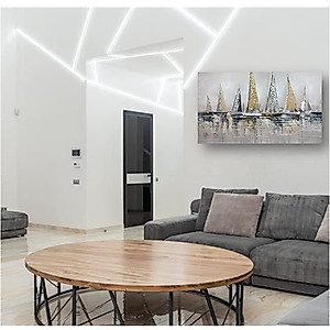 [SPRING BIG SALES] PAVILIART Golden & Silver Sailboats at the shore, Size 24" x 48", Hand Painted Abstract Seascape, Palette Knife Oil Painting on Canvas, Wall Art Decoration, Wood inside framed , Easy Hanging in Living Room