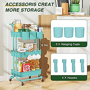 3-Tier Rolling Mobile Utility Cart with Hanging Cups & Hooks & Handle Multifunctional Organizer Storage Trolley Service Cart with Wheels Easy Assembly for Office, Bathroom, Kitchen (Blue)