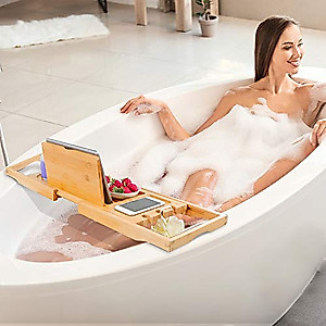 Diosbles Bathtub Caddy Tray Expandable Bamboo Bath Tub Tray Caddy Extendable Bathtub Holders Organizers with Book Ipad Holder and Phone Candle Wineglass Slots