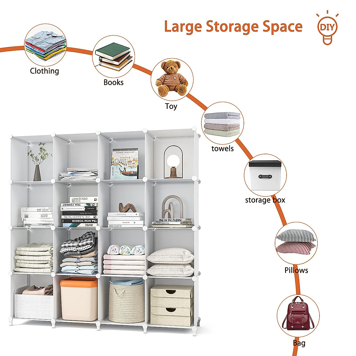 GIMTRR Closet Organizers and Storage, 16-Cube Closet Organizer, Cubes Storage Organizers, Closet Storage Cabinet Shelf, Bookcase Bookshelf for Bedroom, Office, White