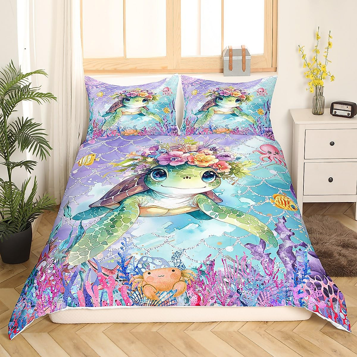 Feelyou Sea Turtle Bedding Set Full Size Animal Blue Coastal Comforter Cover Set for Boys Girls Mermaid Scales Beach Coastal Duvet Cover Breathable Ocean Summer Bedspread Cover Room Decor Quilt Cover