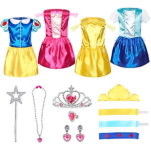 SOLIEHOO Girls Princess Dress Up Trunk, Pretend Play Costumes Princess Role Play Set 15pcs Girls Dress up Clothes with 4 Tops,4 Princess Dresses Crown Necklaces for Toddler Age 3 4 5 6 Years