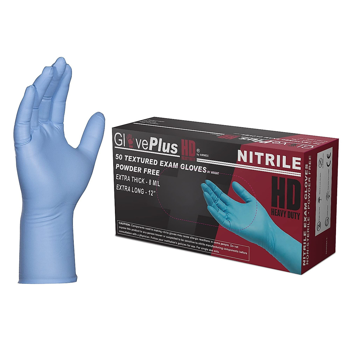 GLOVEPLUS HD Medical Blue NitrileGloves - 8 mil, 12 inches Long, Latex Free, Powder Free, Textured, Disposable, Non-Sterile, Medium,GPNHD64100-BX, Box of 50