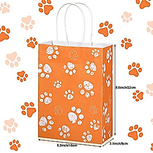 Blulu 20 Pcs Puppy Dog Paw Print Gift Bags with Paper Twist Handles, Dog Gift Bags Paper Paw Print Treat Goodie Bags for PET Treat Party Favor, 6.3 x 3.1 x 8.6 Inch (Orange Backing)