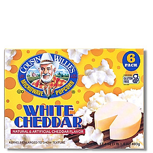 Cousin Willie's Microwave Popcorn Bags, White Cheddar (6 bags), Gourmet Popcorn Boxes for Party, Whole Grain Popcorn, Gluten Free, Low Calorie Healthy Snack, Made in USA, non-GMO