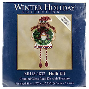 Oli Elf and Holli Elf Beaded Counted Cross Stitch Christmas Ornament Kits Mill Hill Winter Holiday Collection, Plus 'Needleworker' Sticker