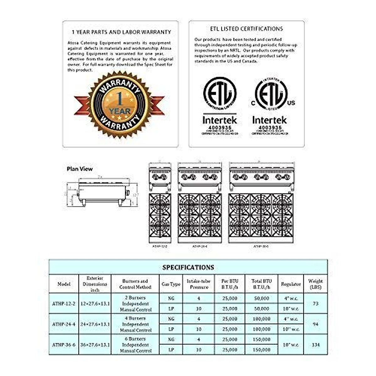 Atosa CookRite ACHP-2 12" Heavy Duty Vertical Countertop Gas Hot Plate Stock Pot Range for Hotel Food Truck Caterer | 12"W x 27 3/5"D x 13.5"H, Stainless Steel, (2) Burner 64,000 BTU, Natural Gas (NG)