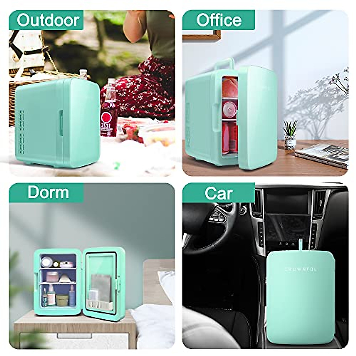 CROWNFUL Multifunctional Mini Fridge, 10 Liter/12 Can Portable Cooler and Warmer Personal Fridge for Skin Care, Food, Medications, Plugs for Home Outlet & 12V Car Charger Included, ETL Listed