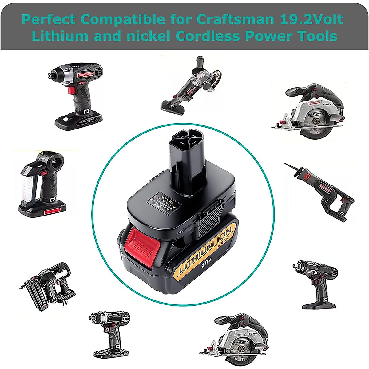 Lilocaja DM18GL Battery Adapter for Craftsman C3 19.2V Cordless Tools, Converts Dewalt 20V Li-ion or Milwaukee M18 18V Li-ion Battery to Craftsman 19.2V Li-ion & Ni-Cd Battery, with USB Port