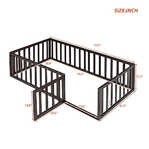LZ LEISURE ZONE Twin Size Platform Bed with Fence, Solid Wood Floor Bed Frame with Door, Twin Size Daybed Fram, Espresso