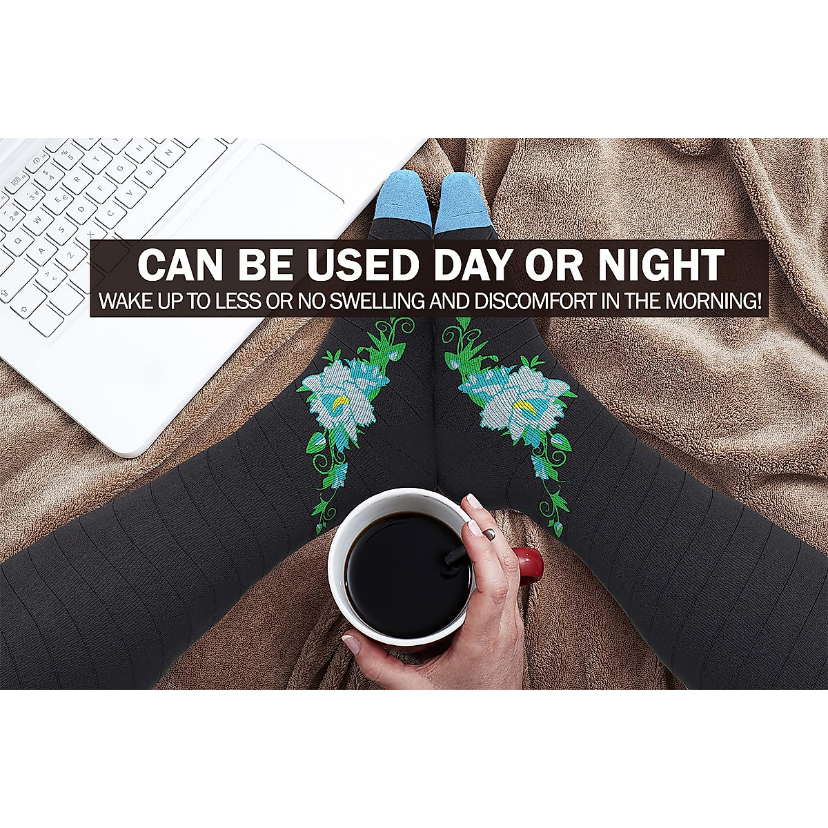 Physix Gear Compression Socks 20-30 mmHg - Men & Women - Running, Nurses, Shin Splints, Flight, Travel (BLACK / BLUE FLOWER-S/M)