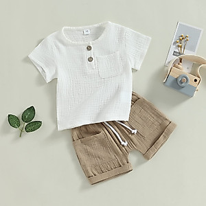 fhutpw Baby Boys 2Pcs Summer Outfits Short Sleeve T-Shirt Tops Elastic Waistband Shorts Set Toddler Clothes (Linen White + Light Khaki, 2-3 Years)
