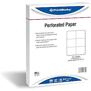 PrintWorks Professional Perforated Paper for Tickets, Coupons, Certificates and More, 8.5 x 11, 24 lb, 3 Perfs - 3 2/3" and 7 1/3" From Bottom & 4 1/4" From Left, 500 Sheets, White (04334)