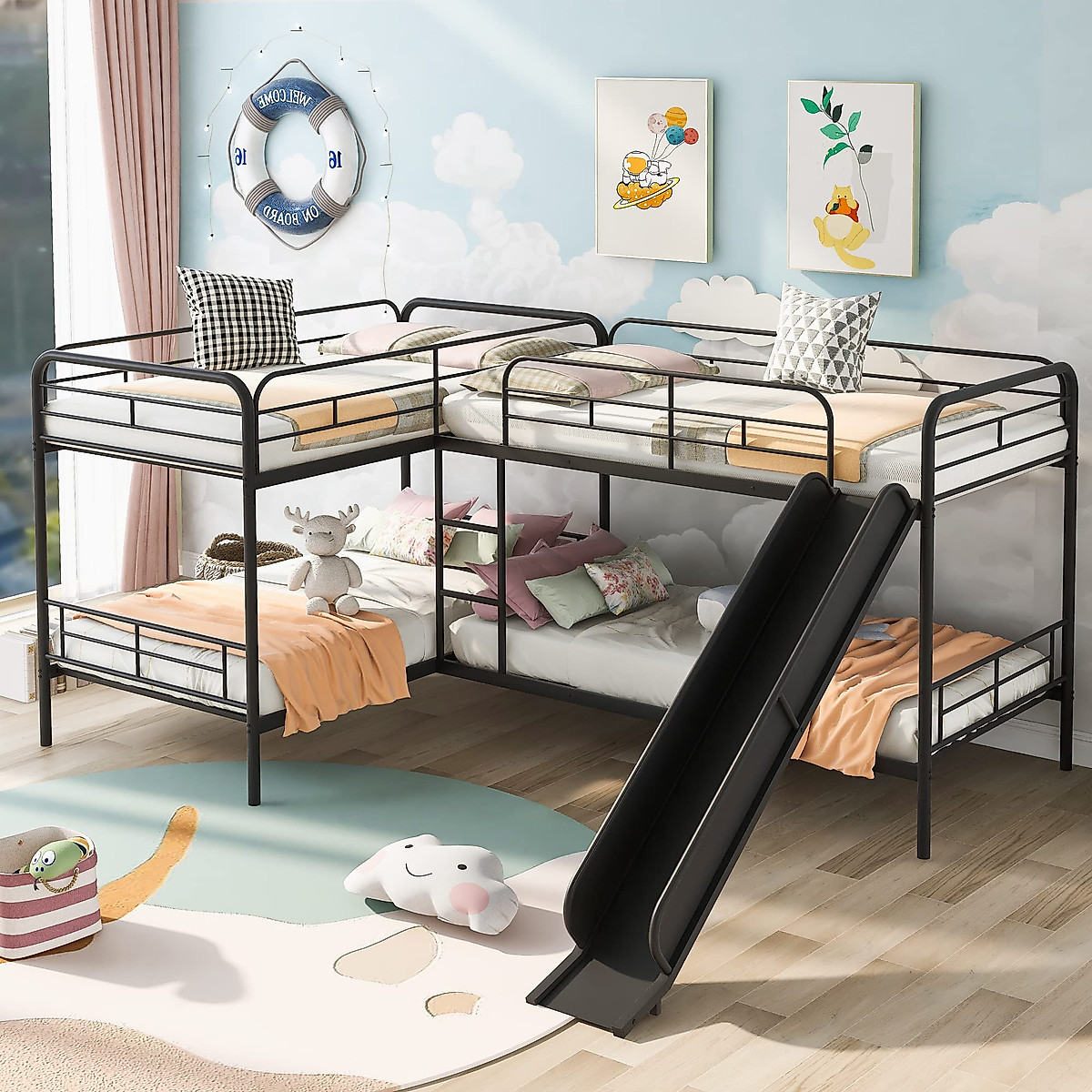 Rhomtree Twin Size L-Shaped Metal Corner Bunk Bed with Ladder and Slide, Space Saving & Easy Assembly, 4 Beds in 1 (Black)