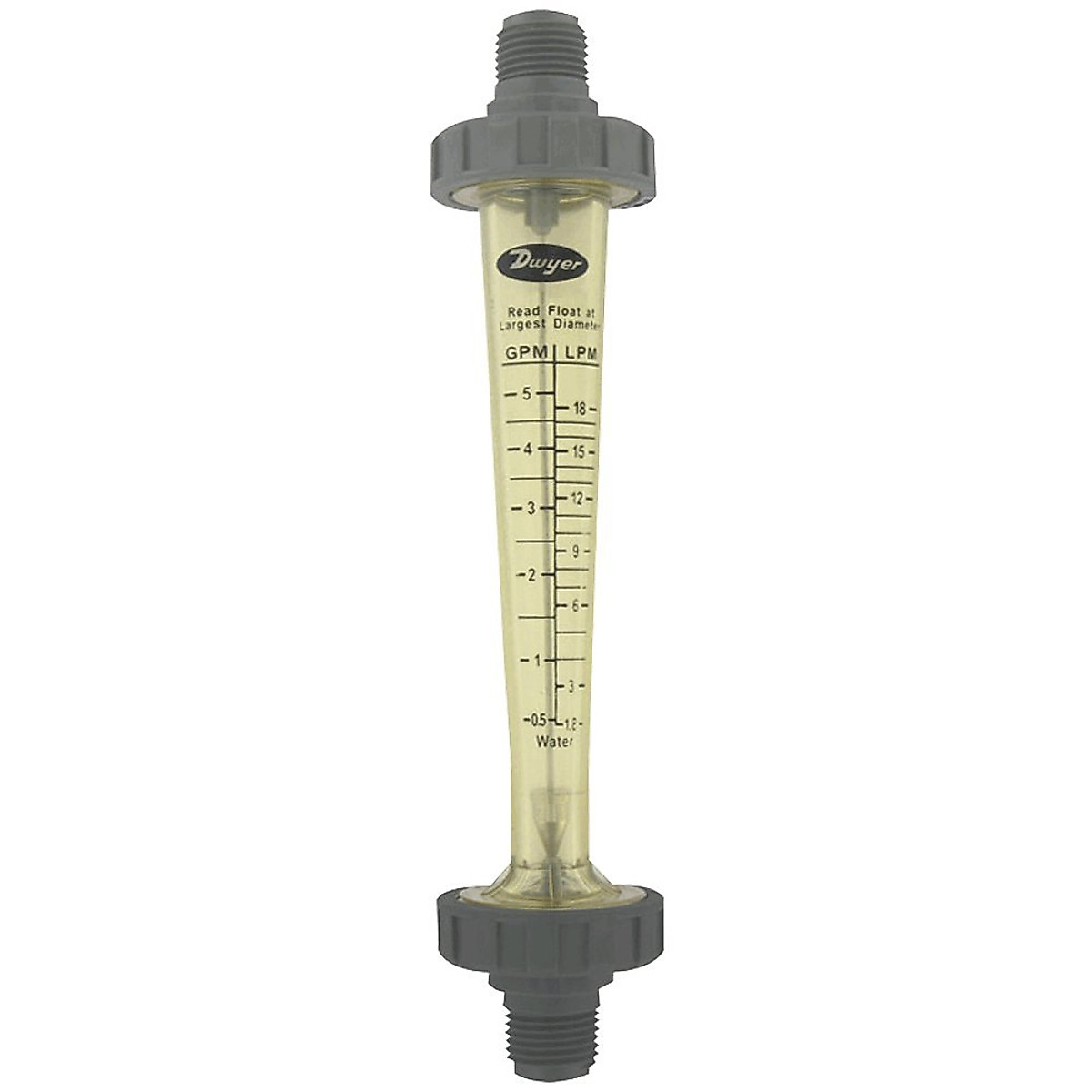 Dwyer® Polycarbonate Flowmeter, LFMC-07-A2, 0.25-2.5 GPM (1-10 LPM) Water, 1/2" MNPT, 316 SS Float.