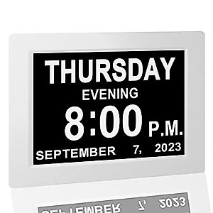 JALL 【Upgraded】 Digital Calendar Alarm Day Clock - with 8" Large Screen Display, am pm, 5 Alarm, for Extra Large Impaired Vision People, The Aged Seniors, The Dementia, for Desk, Wall Mounted, White