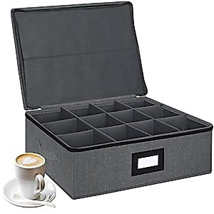 homyfort Mug and Cup Storage with Dividers - Hard Shell and Stackable China Storage Containers with Lid, Label and Handles, Holds 12 Coffee Mugs and Tea Cups (Dark Grey)