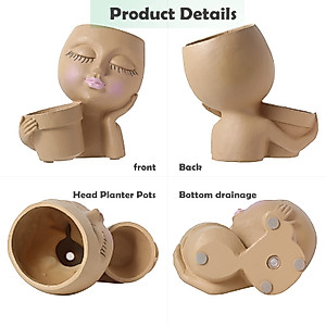 LTSUMI Face Flower Pot Head Planter Succulent Pot Planter Cactus Planter Unique Cute Resin Planter Pot for Indoor Outdoor Plants with Drainage Hole(Double Pots)