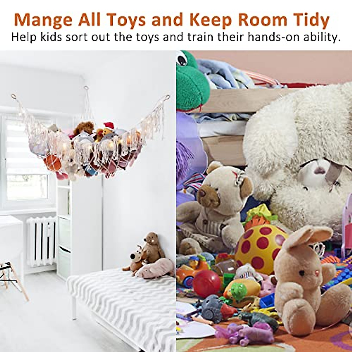 CUHIOY Toy Hammock for Stuffed Animals Large, Toy Storage Net Fits 40 Teddy Bears with Lights, Kids Mesh Hanging Nursery Organizer, Plush Toys Holder on Bedroom Wall Corner Decoration（ Beige）｜64x 64x 45 Inch