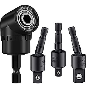 Pommes 4-Piece Power Drill Sockets Adapter Sets,360degreeRotatable 1/4inch 3/8inch 1/2inch Impact Grade Driver Extension Set Bit+105 Degree Right Angle Screwdriver Hex Bit Socket 4 Black