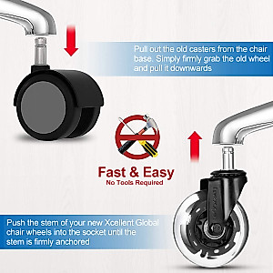 Office Chair Caster with RGB Color Changing Lights Set of 5 Rubber Replacement, Heavy Duty Universal Quiet Rolling Casters Fit Standard Office Chair for Hardwood Floors, Tiles and Carpet