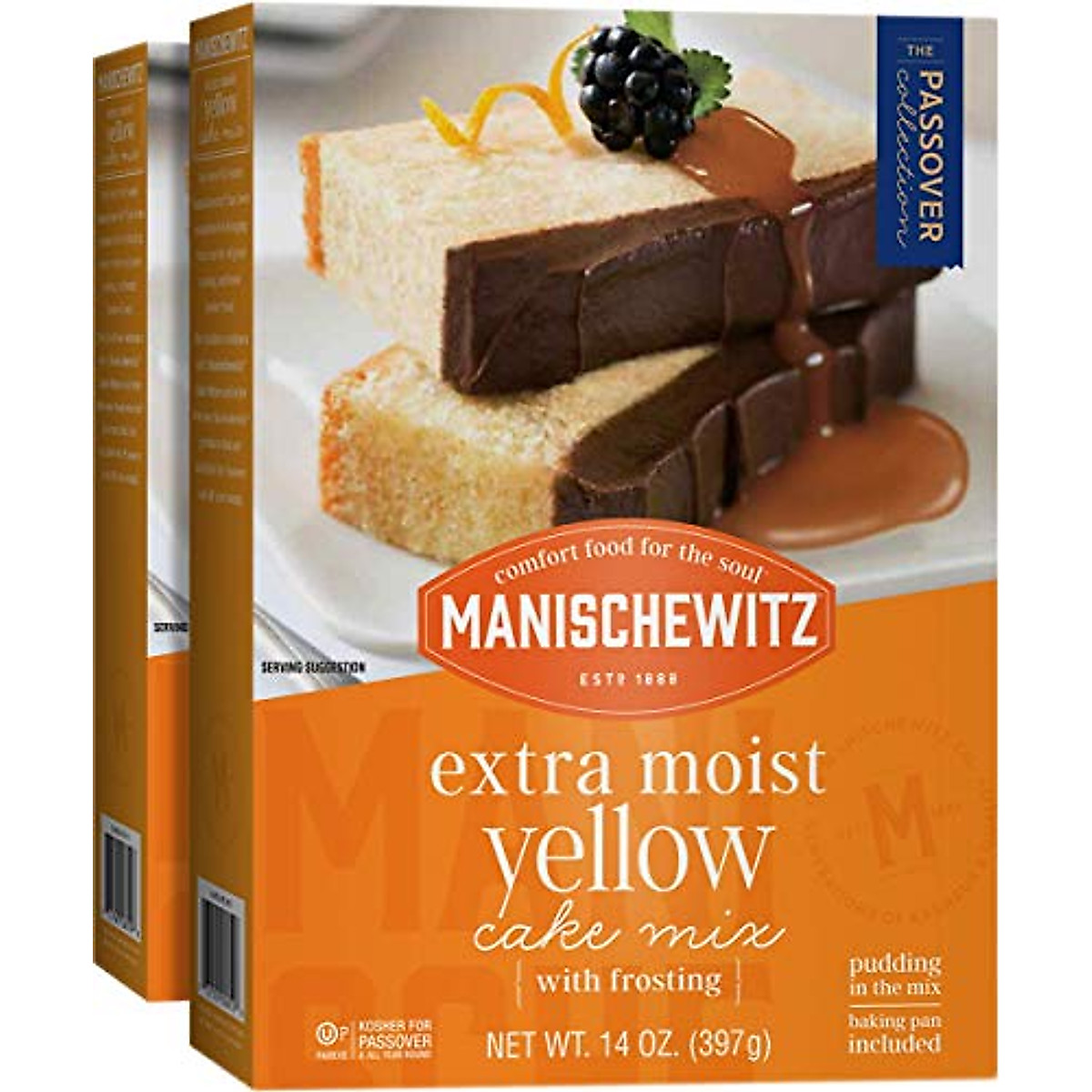 Manischewitz Extra Moist Yellow Cake Mix with Frosting 14oz (2 Pack), Kosher for Passover, Baking Pan Included!