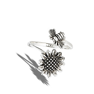 Open Adjustable Bee Sunflower Flower Thumb Ring Sterling Silver Band Size 9