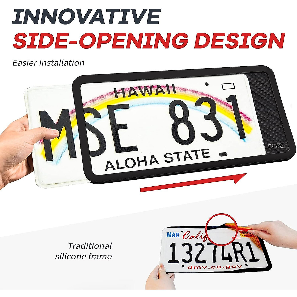 Aujen Silicone License Plate Frames,2 Pack Black Side-Opening License Bracket Holder with Easy Installation, License Plate Frame Without Obstruction.Rustproof, Rattle Proof & Weatherproof Universal