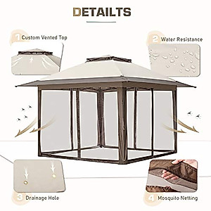 EAGLE PEAK 13x13 Pop-Up Gazebo Tent Instant w/Mosquito Netting，Outdoor Gazebo Canopy Easy Set-up Folding Shelter (Beige/Brown)