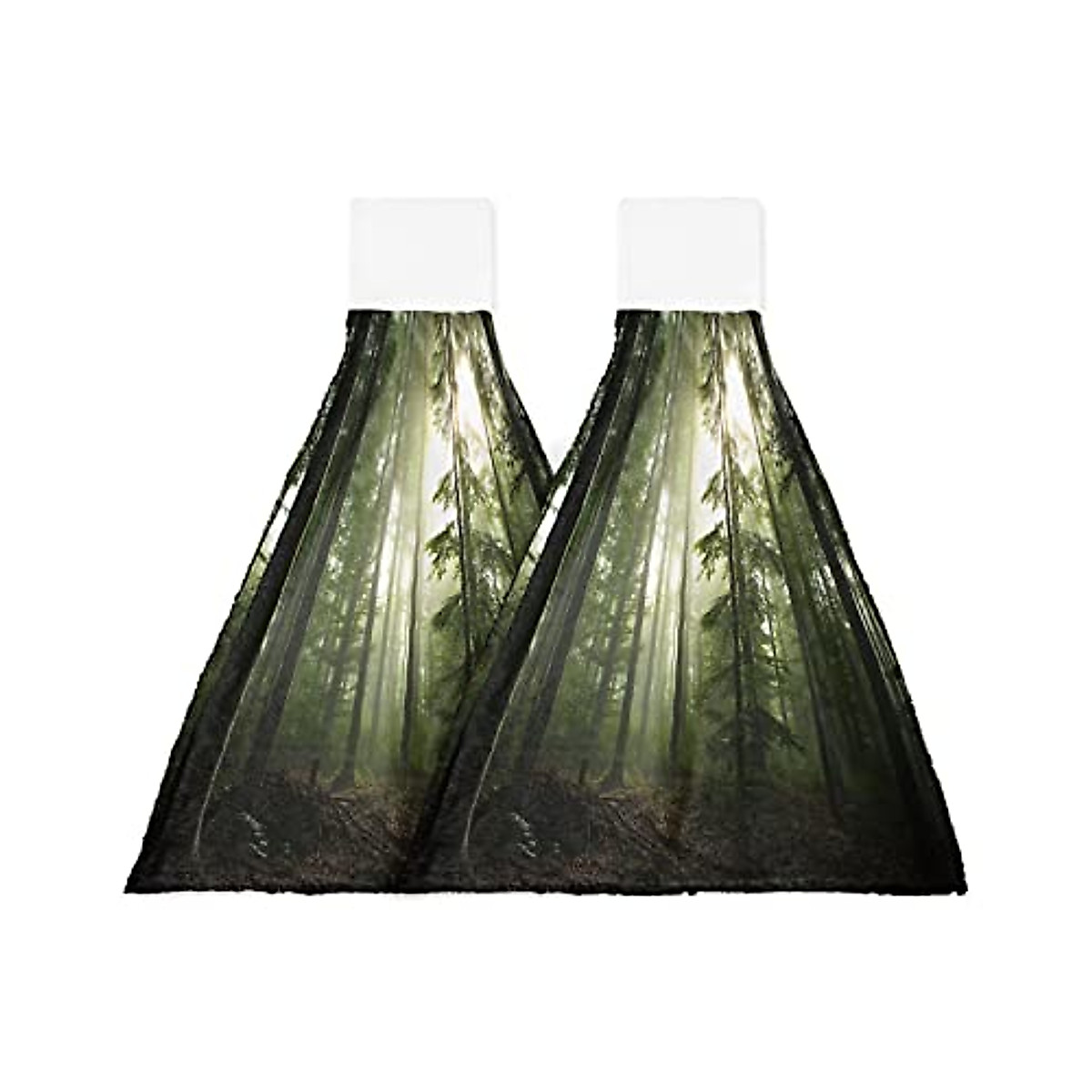 Kitchen Towels with Hanging Loop 2 Pack, Green Forest Sunrise Soft Absorbent Hand Towels for Bathroom Bar Home Decor Nature Tree Dish Towels Reusable Washable Cleaning Cloth