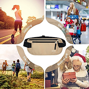 RFID Blocking Money Belt for Men Women, Slim Fanny Pack For Travel，Running,Conceal Waist Wallet For Passport Holder,Phone,Cash(Black Beige), Black Beige