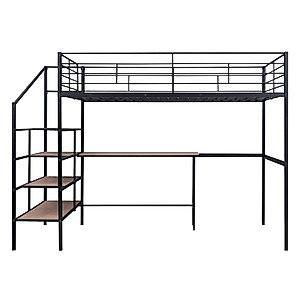 FANYHOME Full Size Metal Loft Bed with Desk and Metal Grid, Stylish Metal Frame Bed with Lateral Storage Ladder and Wardrobe loft Bed Twin Size with Desk (Black)
