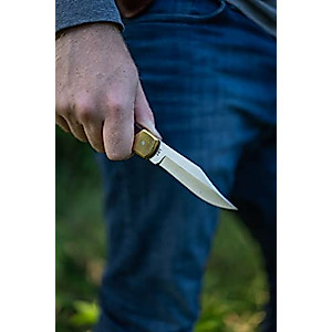 Uncle Henry LB7CP Bear Paw Traditional Lockback Pocket Knife with 3.7in Clip Point High Carbon S.S. Blade, Wood Handle, Brass Bolsters, and Leather Belt Sheath for EDC, Hunting, Camping, and Outdoors,Brown