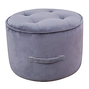 TOV Furniture The Luna Collection Modern Velvet Upholstered Button Tufted Round Ottoman, Grey