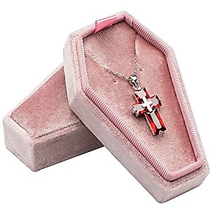 Giftop Velvet Coffin Necklace Box Pendant Case for Accessories Gothic Home Jewelry Organizer Decorations Goth Decor Gifts (Pink)