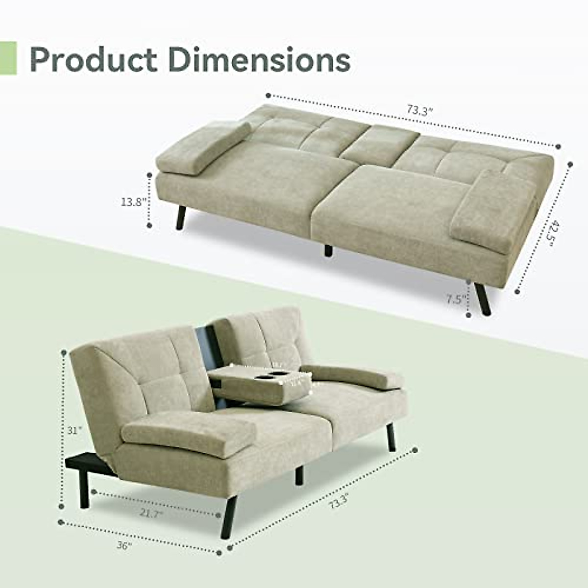 Opoiar Futon Sofa Bed, Modern Convertible Armrests Sleeper Couch with 2 Cup Holders,Loveseats Couch for Compact Space,Studio,Apartment,Office,Living Room,Bed Room,Sage Grey (800LBS)