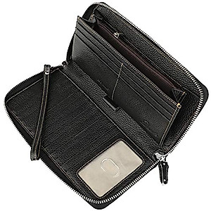 Lavemi Women's RFID Blocking 100% Leather Large Capacity Zip Around Wallet Phone Holder Clutch Travel Purse Wristlet(Large Size Pebble Black)