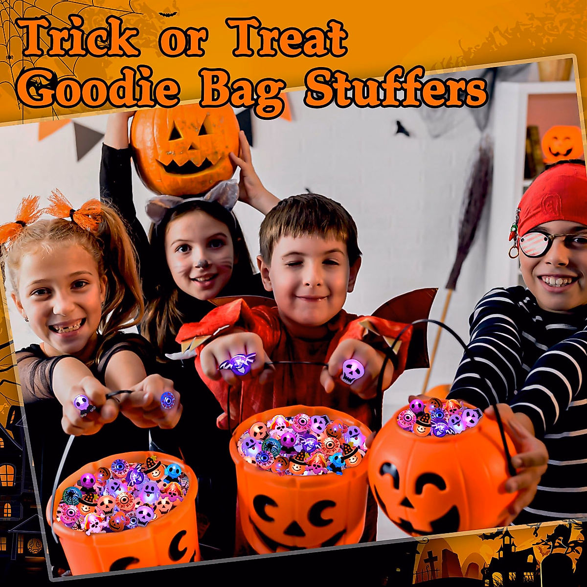 Ouddy Life 50Pcs Halloween Light up Rings for Kids, Glow in the Dark LED Flash Finger Lights Non-Candy Fillers Toys for Trick or Treat Prizes Party Favors Goodie Bag Stuffers