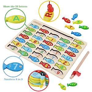 Magnetic Wooden Fishing Game Toy for Toddlers, Alphabet Fish Catching Counting Games Puzzle with Numbers and Letters, Preschool Learning ABC Math Educational Toys 3 4 5 Years Old Girl Boy Kids