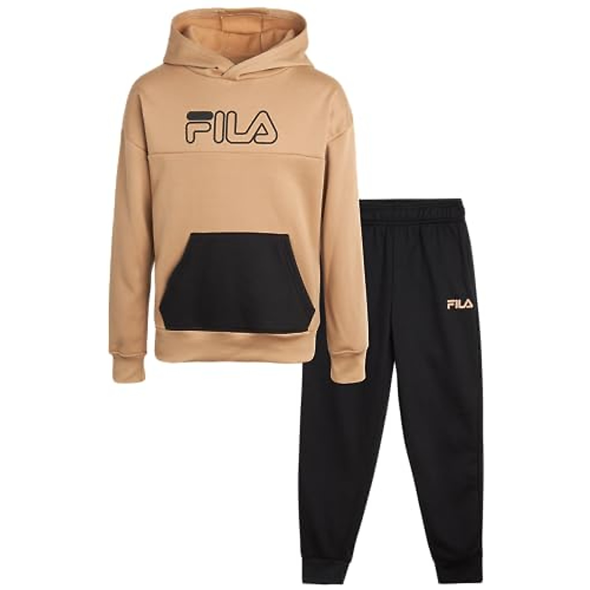 Fila Boys' Sweatsuit Set - 2 Piece Active Hoodie Sweatshirt and Jogger Sweatpants - Performance Activewear Set for Boys, 8-12, Size 12, Tan
