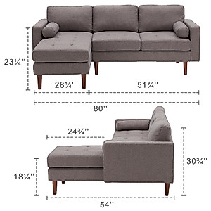 Tbfit 80" W Sectional Sofa Couch, L Shaped Couch with Reversible Chaise, Mid Century Modern Linen Fabric Couches for Living Room Apartment Small Space, Convertible Sofa with Tufted Seat Cushion, Grey