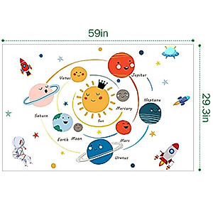 Beilinlok Solar System Wall Decals for Kids Room, Space Planet Large Wall Stickers Kids Bedroom, Cute Educational Wall Decal Decors for Nursery, Playroom, Boys Room, Girls Room, Classroom, School.