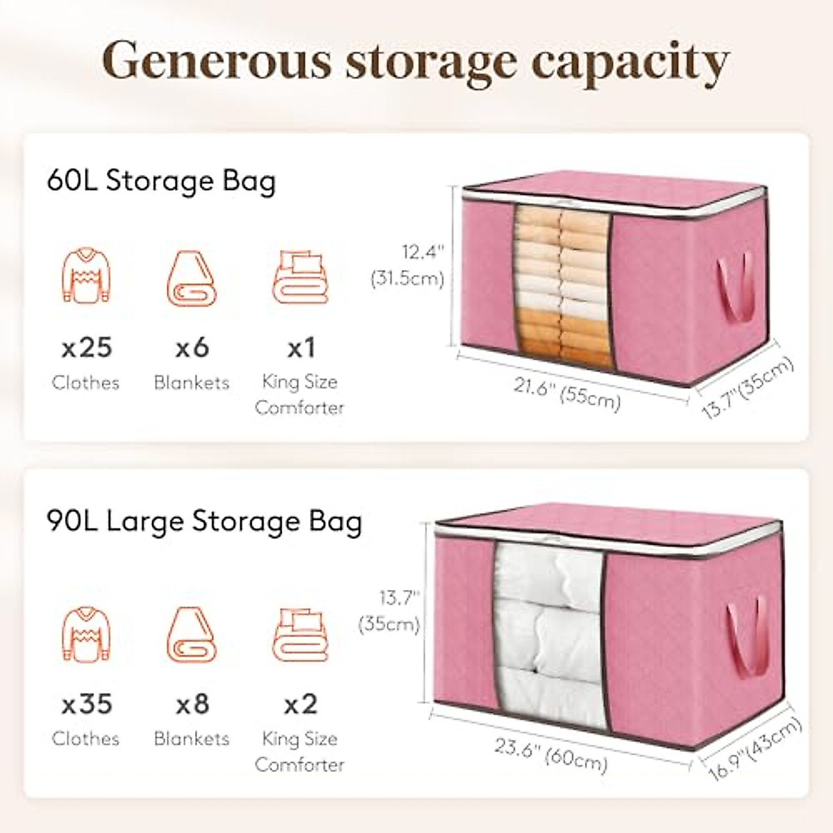 Lifewit 90L Large Storage Bags, 6 Pack Closet Organizers and Storage, Clothes Storage Bins with Lids, Foldable Storage Containers with Reinforced Handles for Clothing, Blanket, Bedding, Comforter Pink