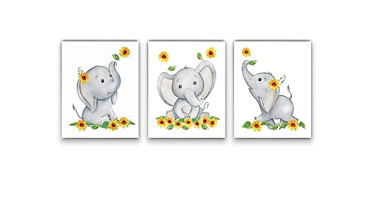 Elephant & Sunflower Nursery Decor - 3 PC Wall Art Prints