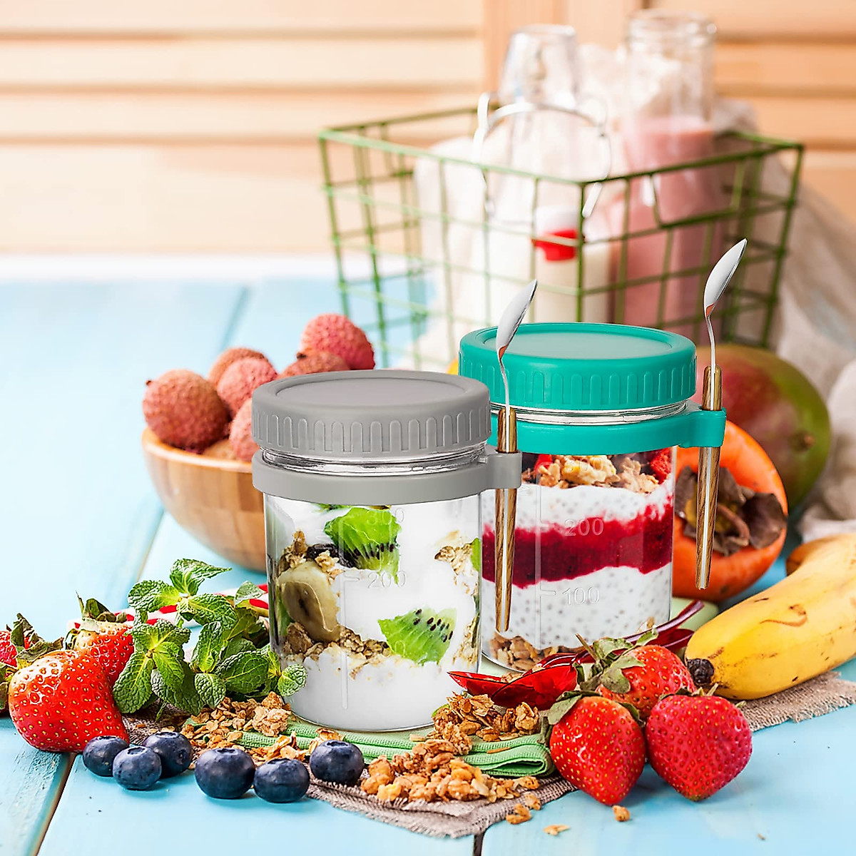 4 Pack Overnight Oat Container with Lid and Spoon, 16 Oz Glass Mason Overnight Oats Jars, Container with Measurement Marks, Portable Large Capacity Airtight Oats Jar for Milk, Cereal, Fruit, Yogurt