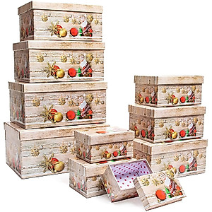 Bright Creations 10 Pack Christmas Nesting Gift Boxes with Lids for Presents, Decorative Nested Holiday Gift Wrap, Get Creative with Festive Nesting Storage Boxes for Xmas Decor (10 Sizes), Brown