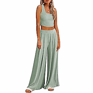Ekouaer Women's Pajamas 2 Piece Lounge Set Ribbed Knit Loungewear Sleeveless Tank Top Wide Leg Pants,Light Green,S