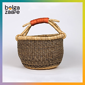 Bolga Zaare Market Basket, Handmade in Ghana by Women Artisans, Natural + Midnight Color, LARGE, 16"-18" Diameter x 9"-10" H, RED HANDLE (1 basket)