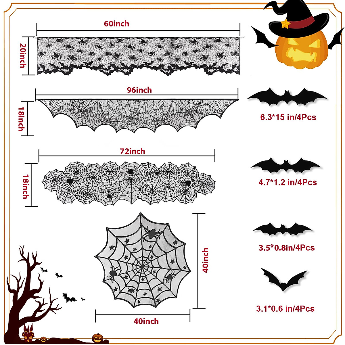 5 Pack Halloween Spider Decorations Sets,Halloween Table Runner,Cobweb Fireplace Mantel Scarf,Round Lace Spider Table Topper and Lampshade,16pcs 3D Bats for Halloween Table Decors Party Supplies