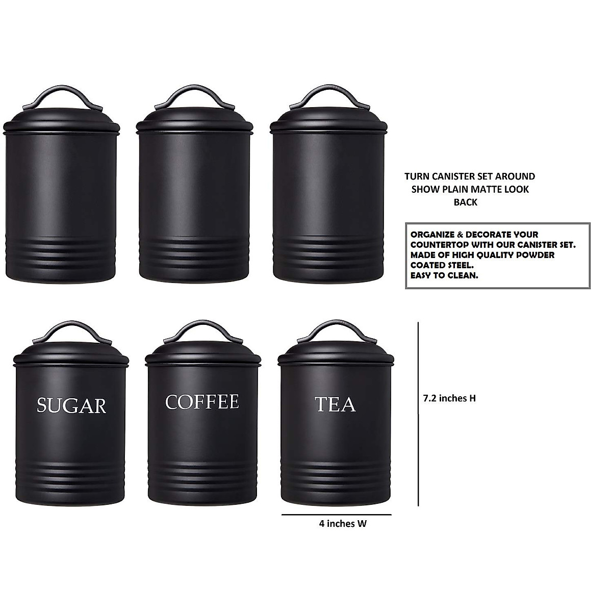 Steelware Central Kitchen Canister Set of 3 Sugar Coffee Tea with lids Food Storage, Black